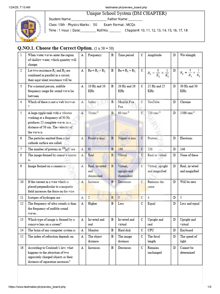 Class 10th Physics MCQs Full Book | PDF | Waves | Frequency