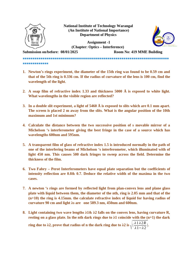KY-CHE-B-class Assignment-01 | PDF | Interferometry | Wavelength