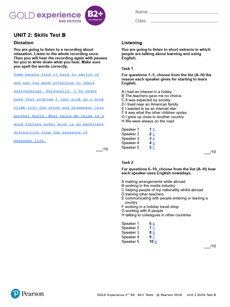 Gold Exp B2P Unit 2 Skills Test B | PDF | Cognition | Human Communication