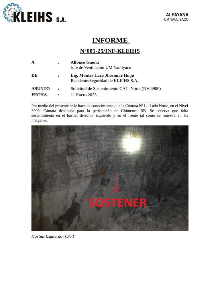 Informe 001 - Solcito Sostenimiento CA1 | PDF