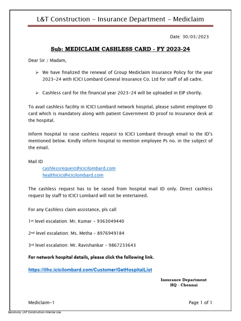 L&T Mediclaim Cashless Card Info 2023-24 | PDF