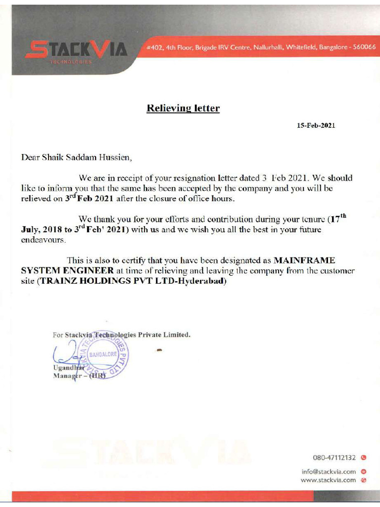 Stackvia Releaving Letter | PDF