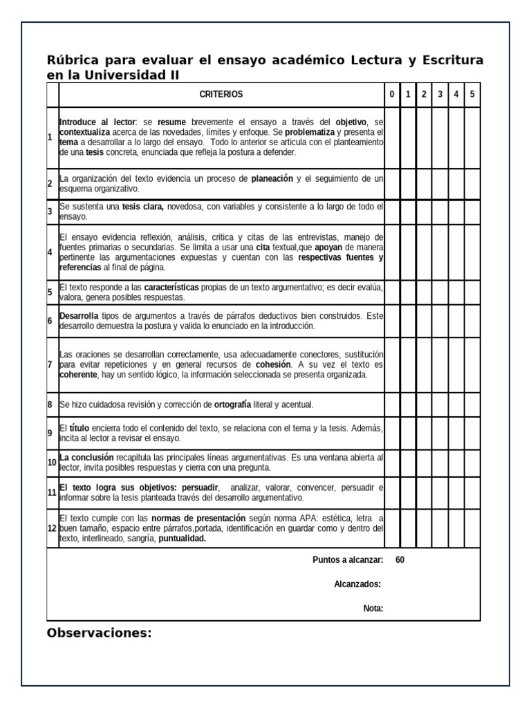 Rubrica para Evaluar Ensayo Académico 2024 | PDF | Ensayos | Escritura