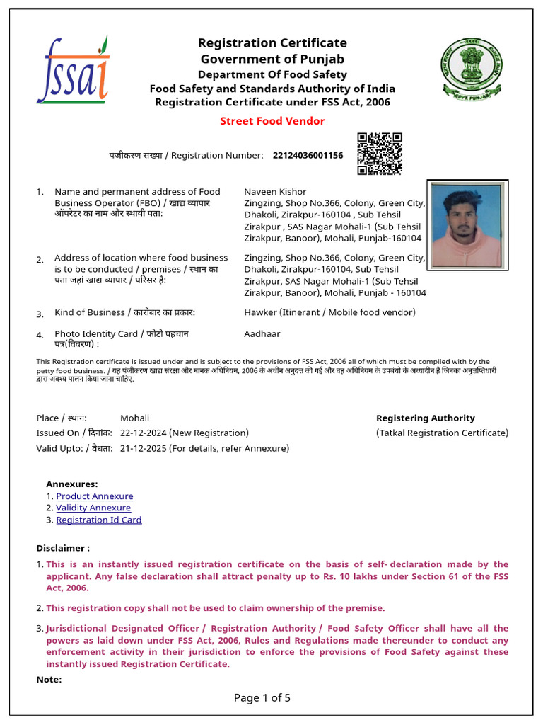 FSSAI Certificate Zingzing | PDF