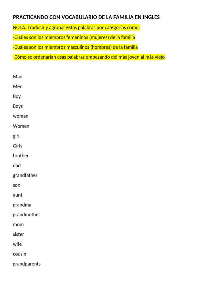 Practicando Con Vocabulario de La Familia en Ingles | PDF