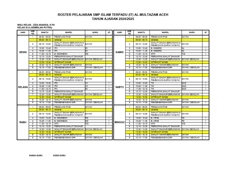 Roster Pelajaran SMP & Sma 2024 Kelas Ix.a | PDF