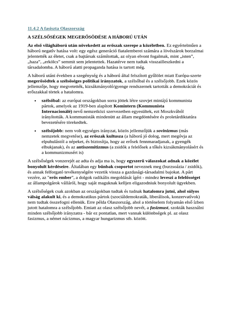 Töri 7. Oszt. Fasizmus Mussolini | PDF