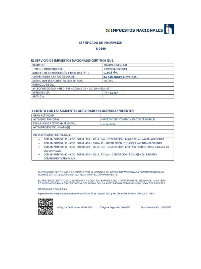 Certificado de Inscripcion | PDF