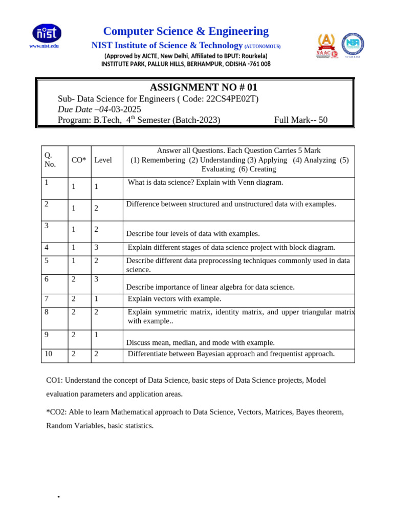 DSE - Assignment-1-CSE - IT - CST | PDF | Matrix (Mathematics) | Data Science