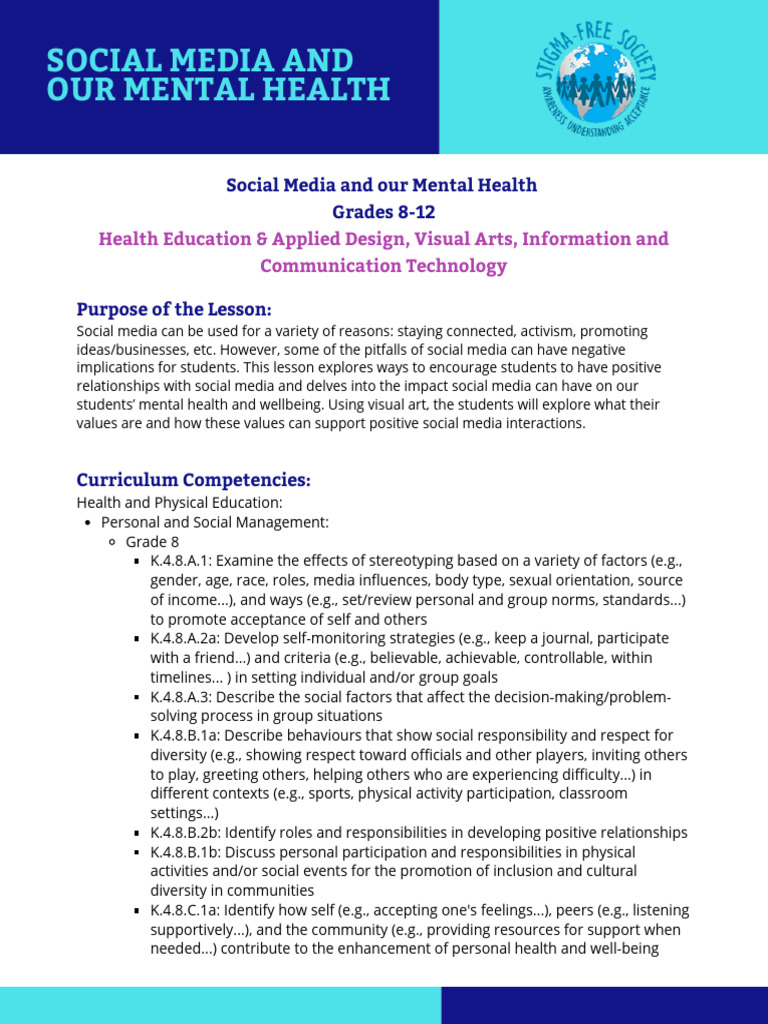 MB Lesson Plan 55 Social Media and Mental Health Lesson Plan Grades 8 ...