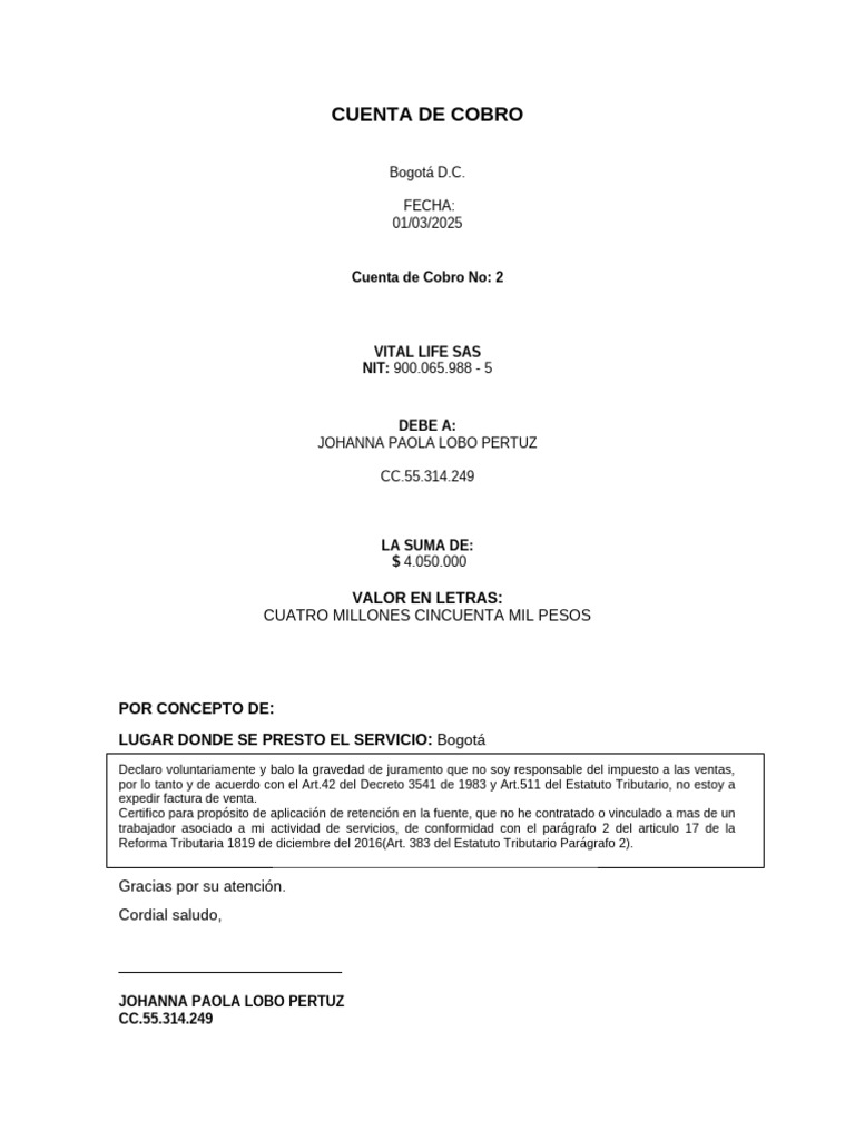 MODELO DE CUENTA COBRO ART.383 | PDF