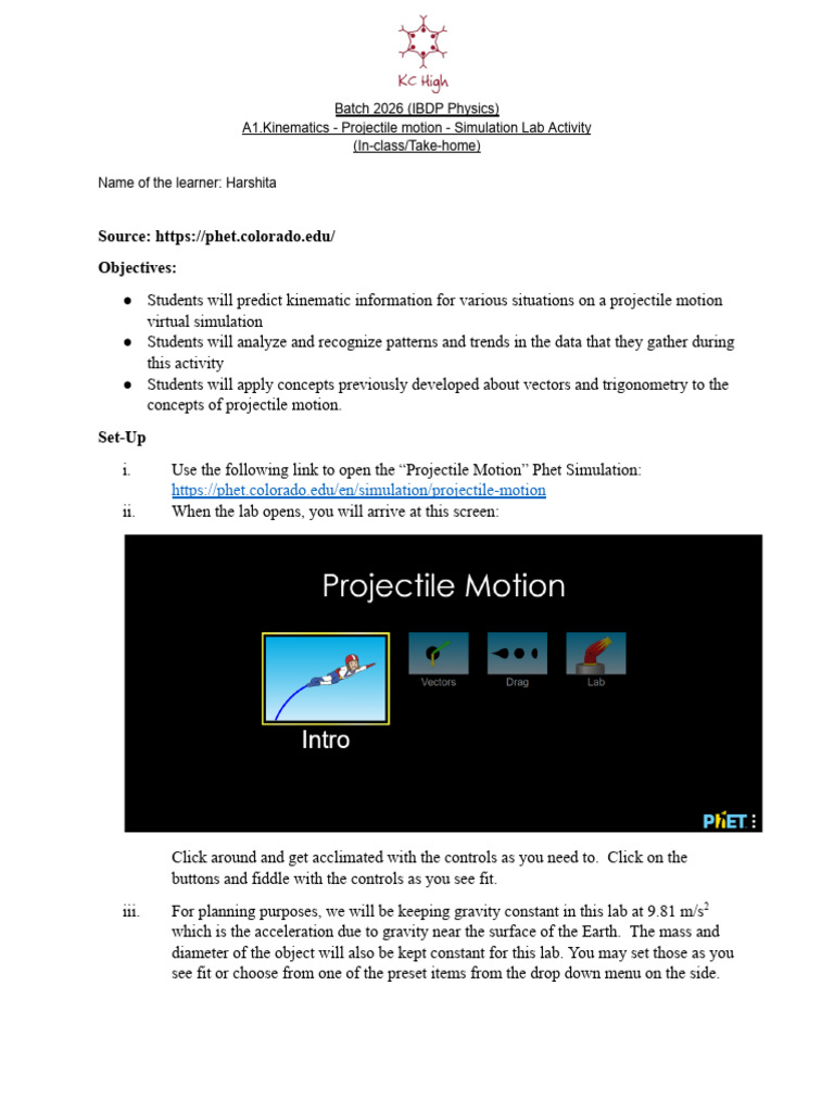 Harshita Balaji - Batch 2026-IBDP Physics-A1 Kinematics-Projectile ...