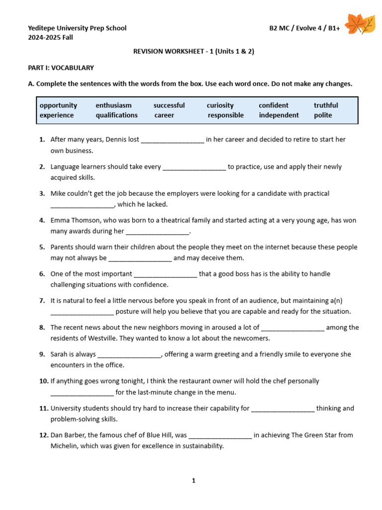 Yeditepe University B2 Revision Worksheet | PDF