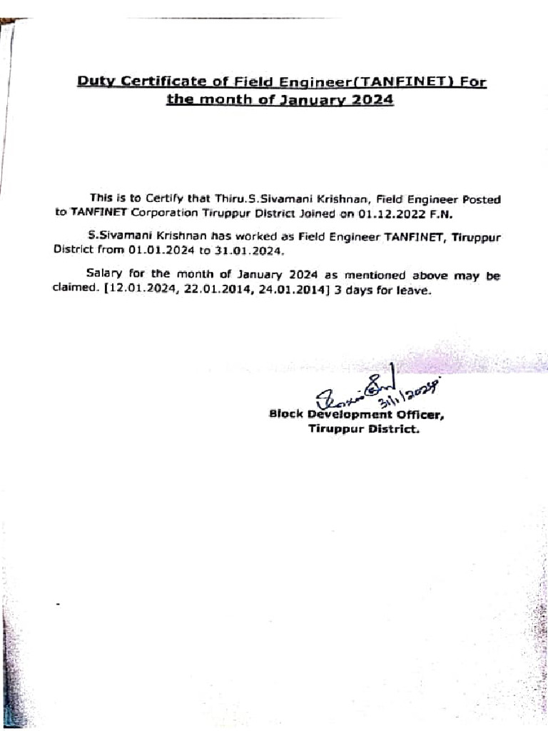 January 2024 Duty Certificate: Field Engineer | PDF