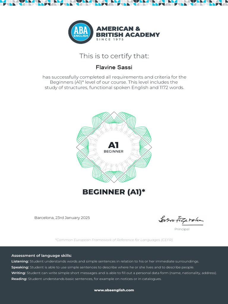 ABA English A1 Certificate of Completion | PDF