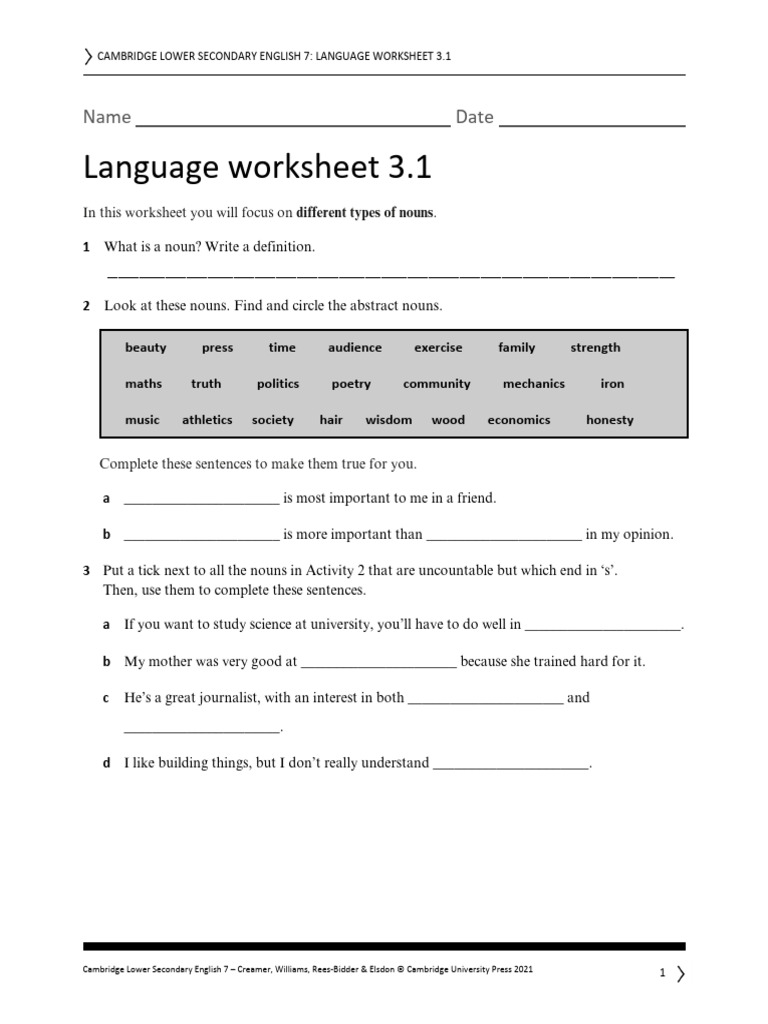 Noun Types Worksheet for English 7 | PDF | Noun | Linguistics