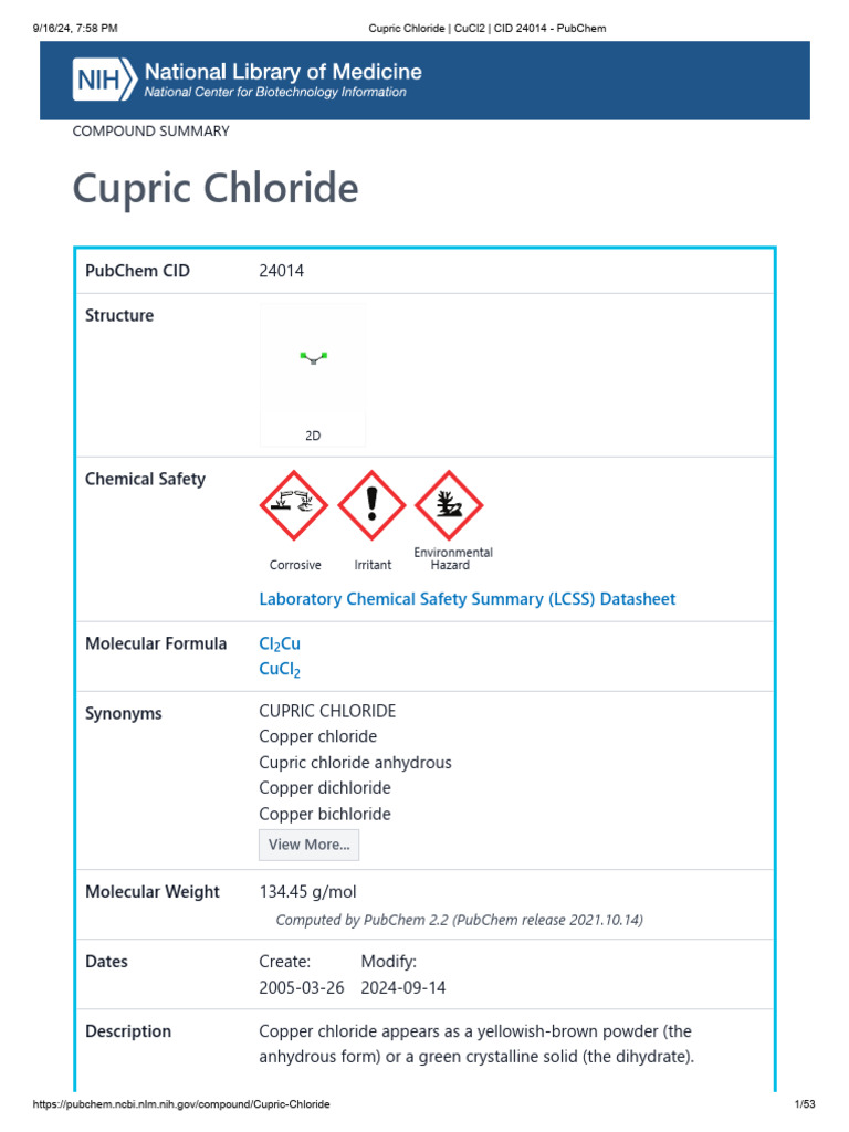 Cupric Chloride _ CuCl2 _ CID 24014 - PubChem | PDF | Copper | Chemistry