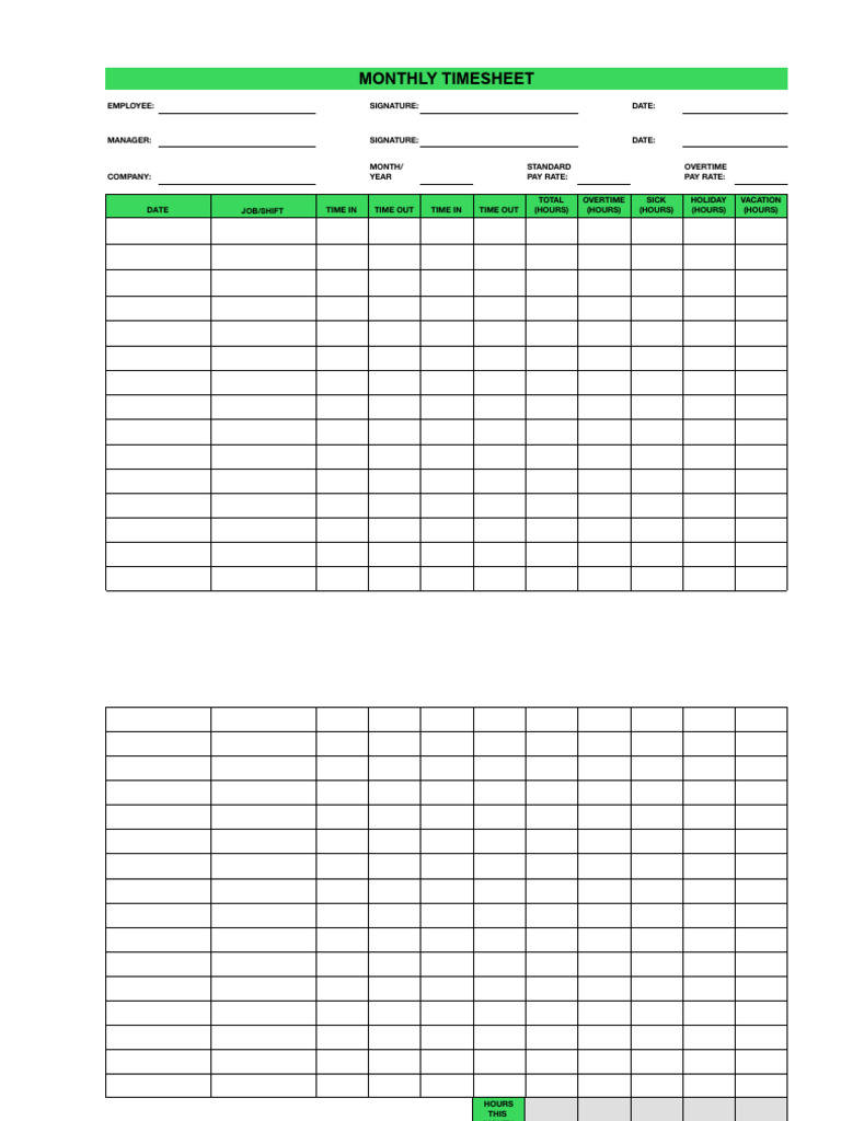 Monthly Timesheet Template | PDF