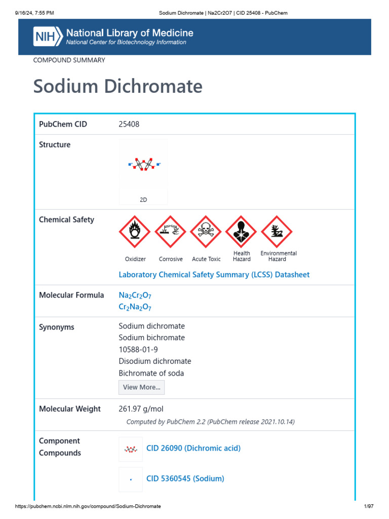 Sodium Dichromate _ Na2Cr2O7 _ CID 25408 - PubChem | PDF | Chromium ...