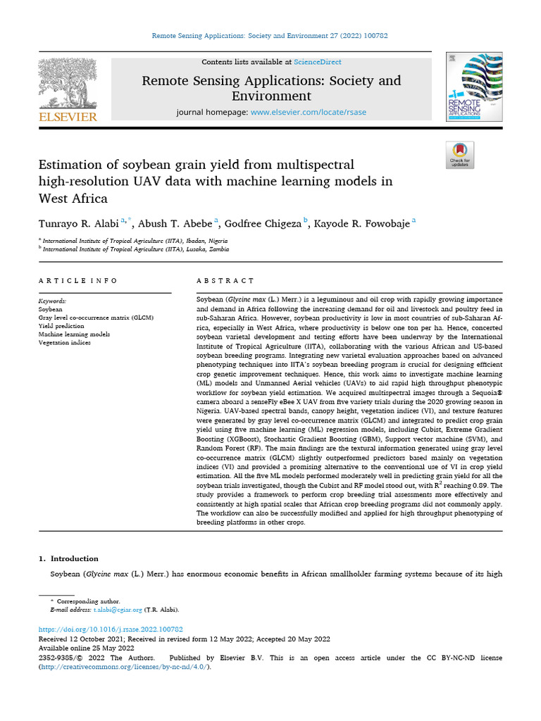 Estimation of Soybean Grain Yield From Multispectral High-Resolution UAV Data With Machine ...