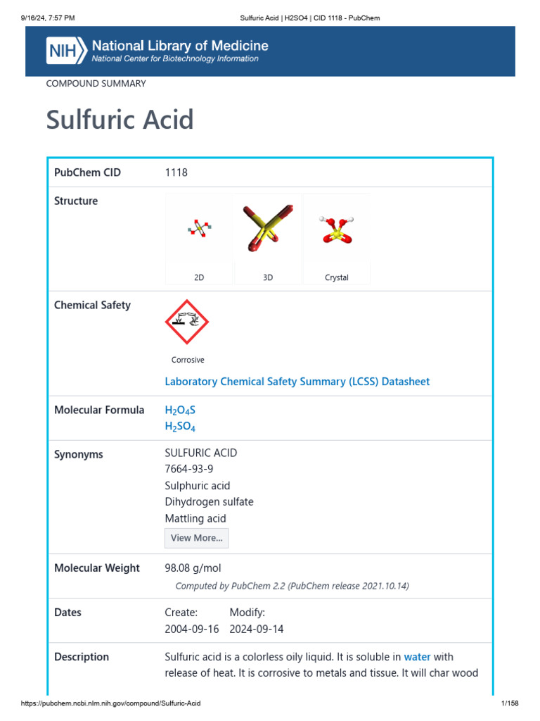 Sulfuric Acid _ H2SO4 _ CID 1118 - PubChem | PDF | Sulfuric Acid ...