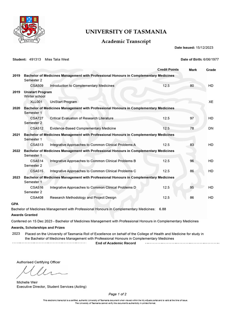 Talia West's Academic Transcript | PDF | Educational Assessment And ...