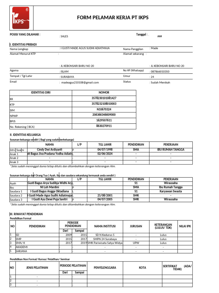 Form Pelamar Kerja PT Ikps Sby | PDF