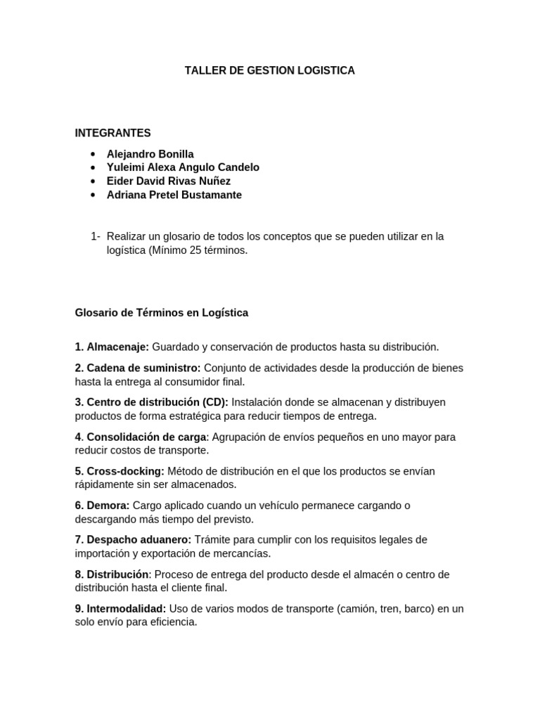 TALLER DE GESTION LOGISTICA GLOSARIO Y CRUCIGRAMA YULEMI ALEXA ANGULO ...