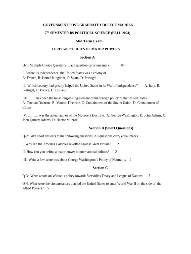 Major Powers' Foreign Policy Exam | PDF