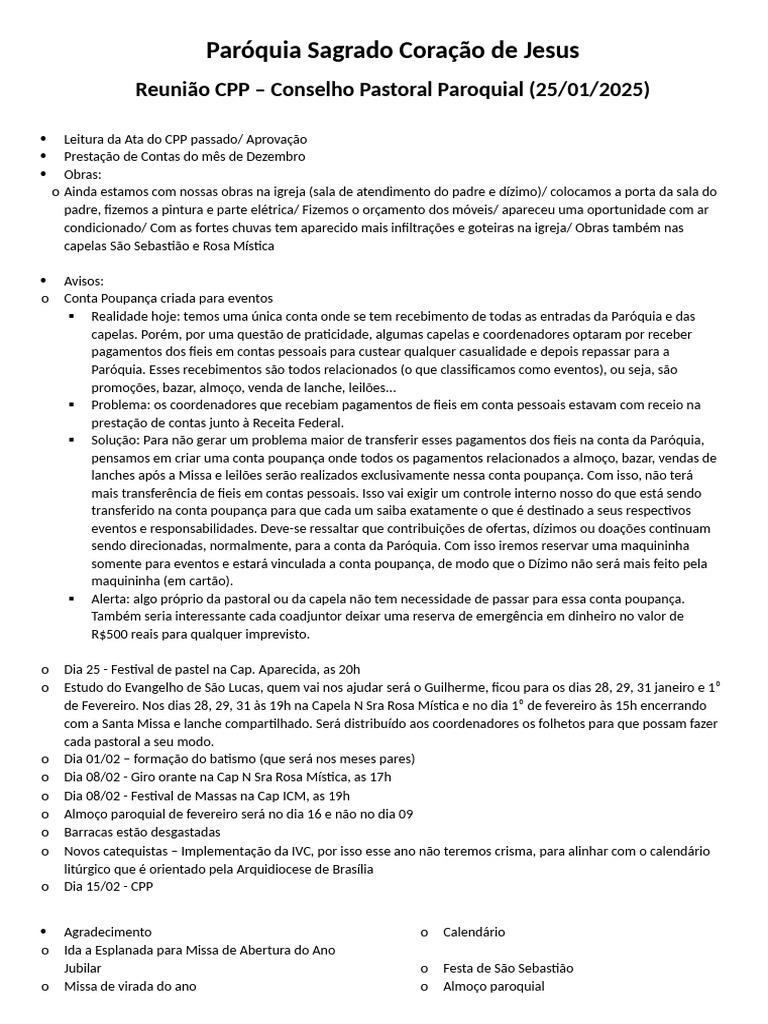 PAUTA DA REUNIÃO DE CPP 25,01,25 | PDF | Dízimo