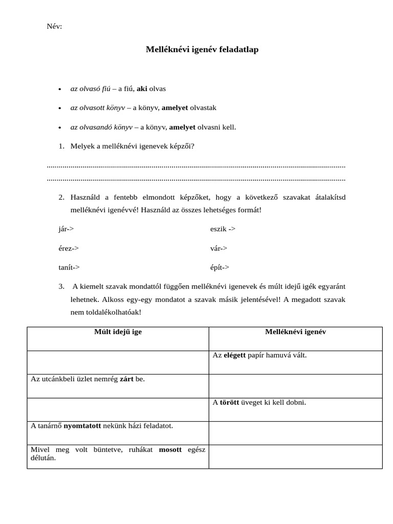 Melléknévi Igenév Feladatlap | PDF