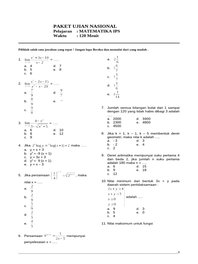 Soal Un Matematika Kls Xii Ips (Lat 25) | PDF