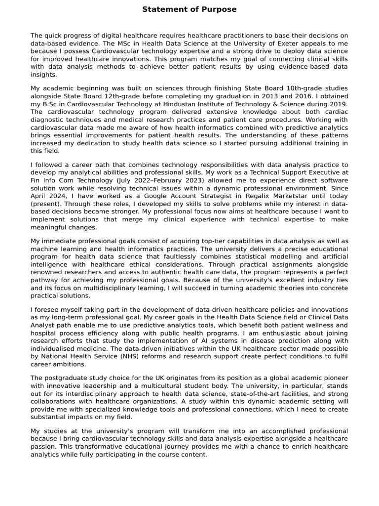 SOP - University of Exeter - 1742150283952 | PDF | Data Science | Health Care