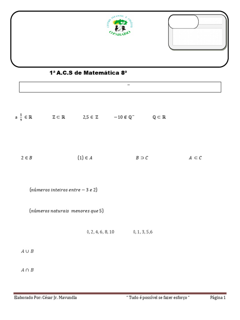 1a ACS de Matematica 8a Io Trimestre 2025 | PDF