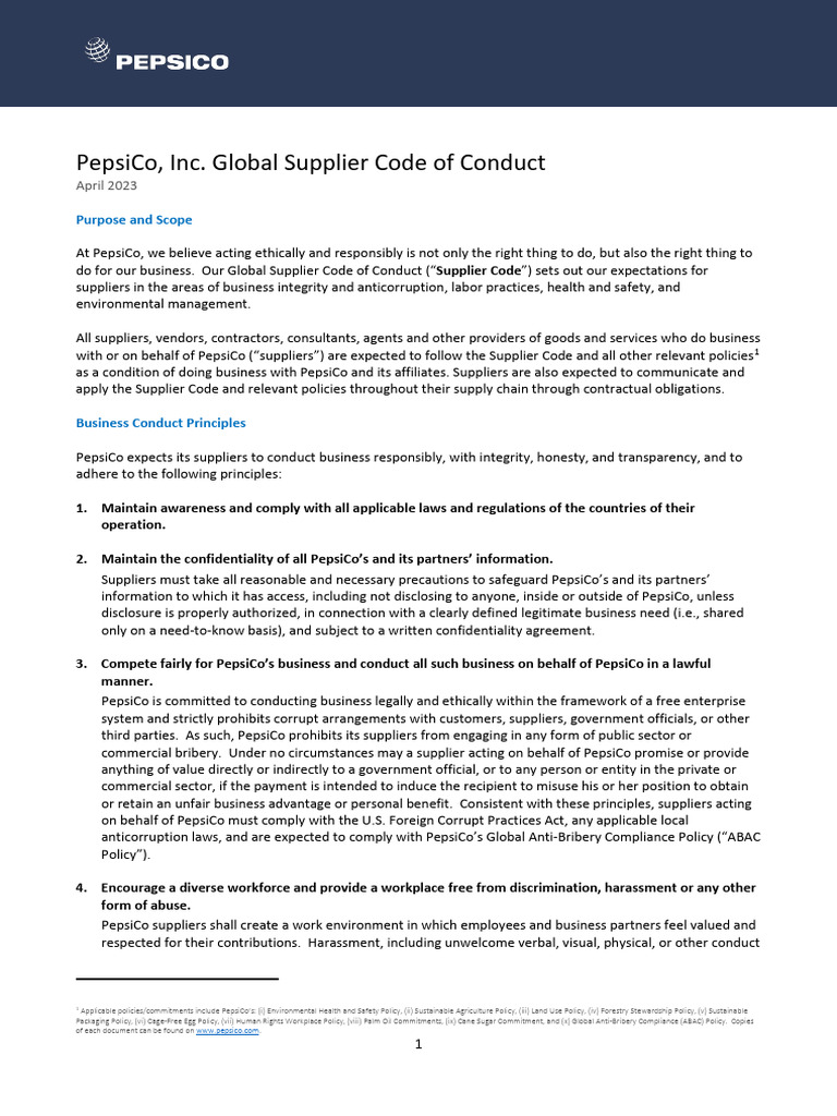 PepsiCo Global Supplier Code of Conduct | PDF | Supply Chain | Employment