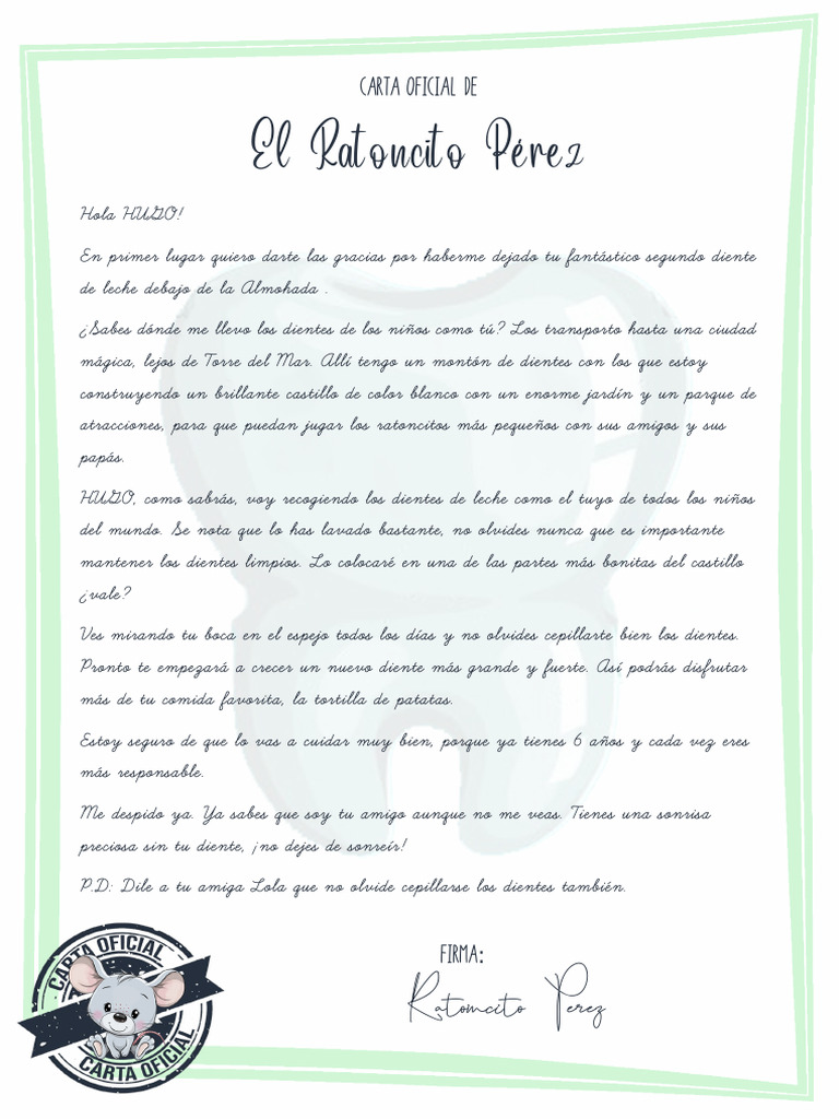 Carta del Ratón Pérez para Imprimir | PDF