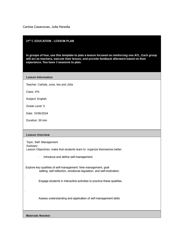 Lesson Plan: Teaching Self-Management Skills | PDF | Educational ...