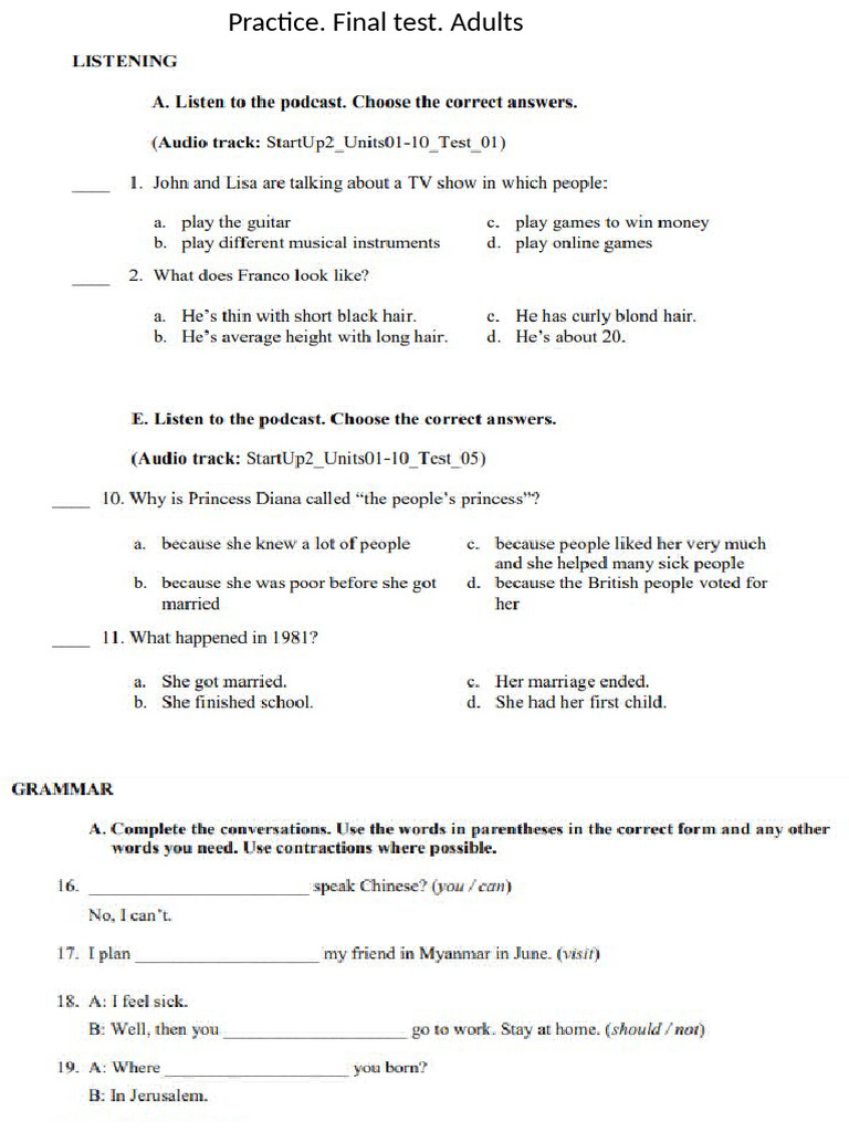 Practice Final Test Adults | PDF