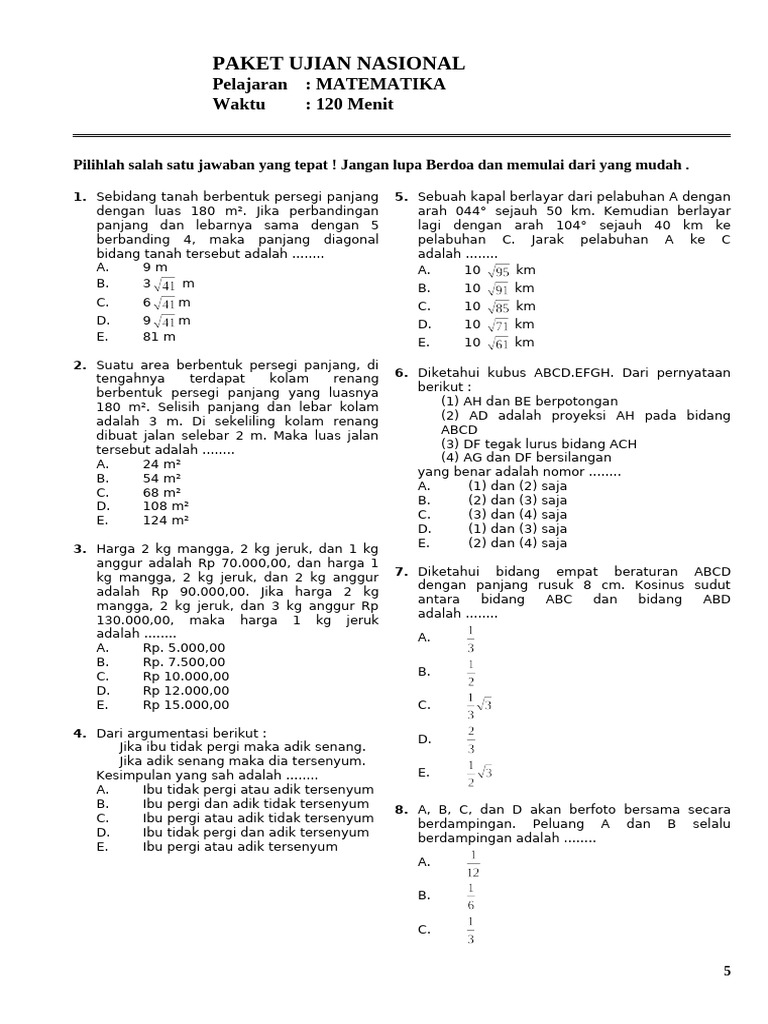 soal un matematika kls xii ipa (lat 3) | PDF