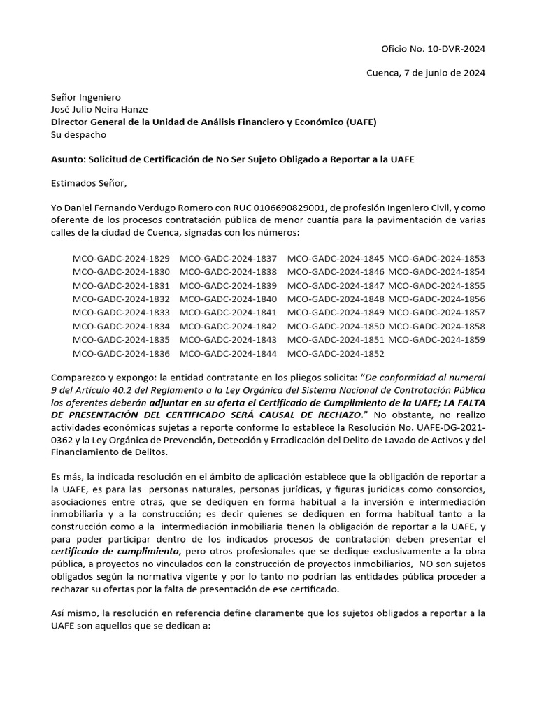 Solicitud de Certificación UAFE 2024 | PDF