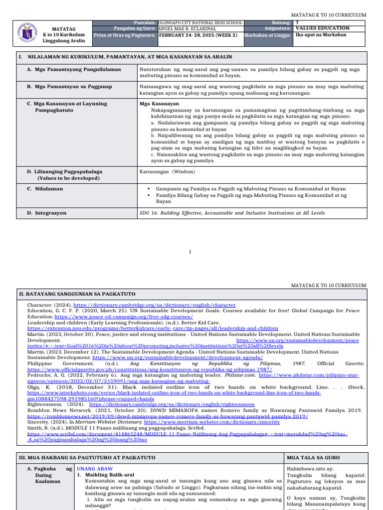 DLL Matatag - Values Education 7 Q4 W2 | PDF