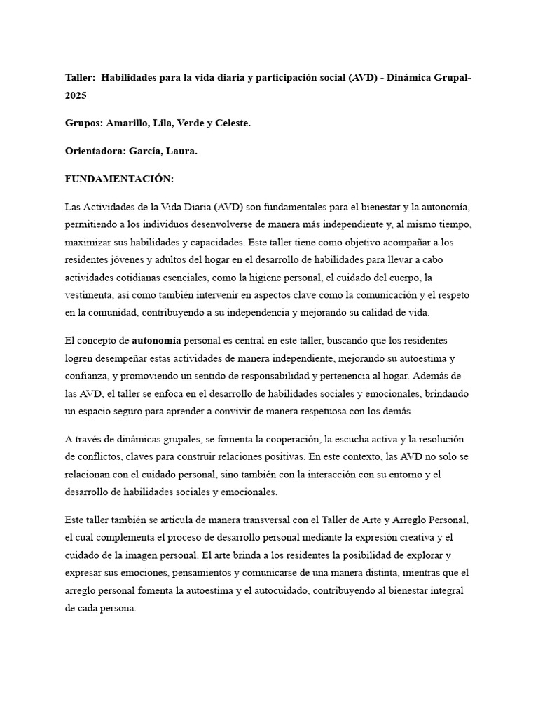 Taller - Habilidades para La Vida Diaria y Participación Social (AVD) - Dinámica Grupal - 2025 ...