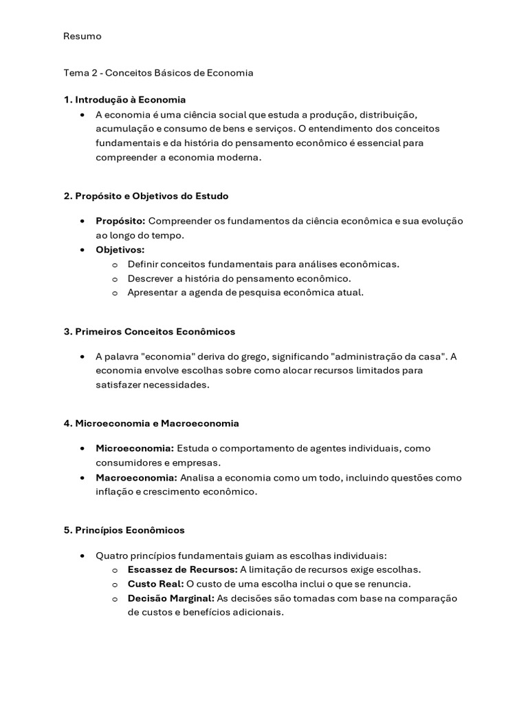 Resumo - Tema 2 - Conceitos Básicos de Economia | PDF | Economia | História do pensamento econômico
