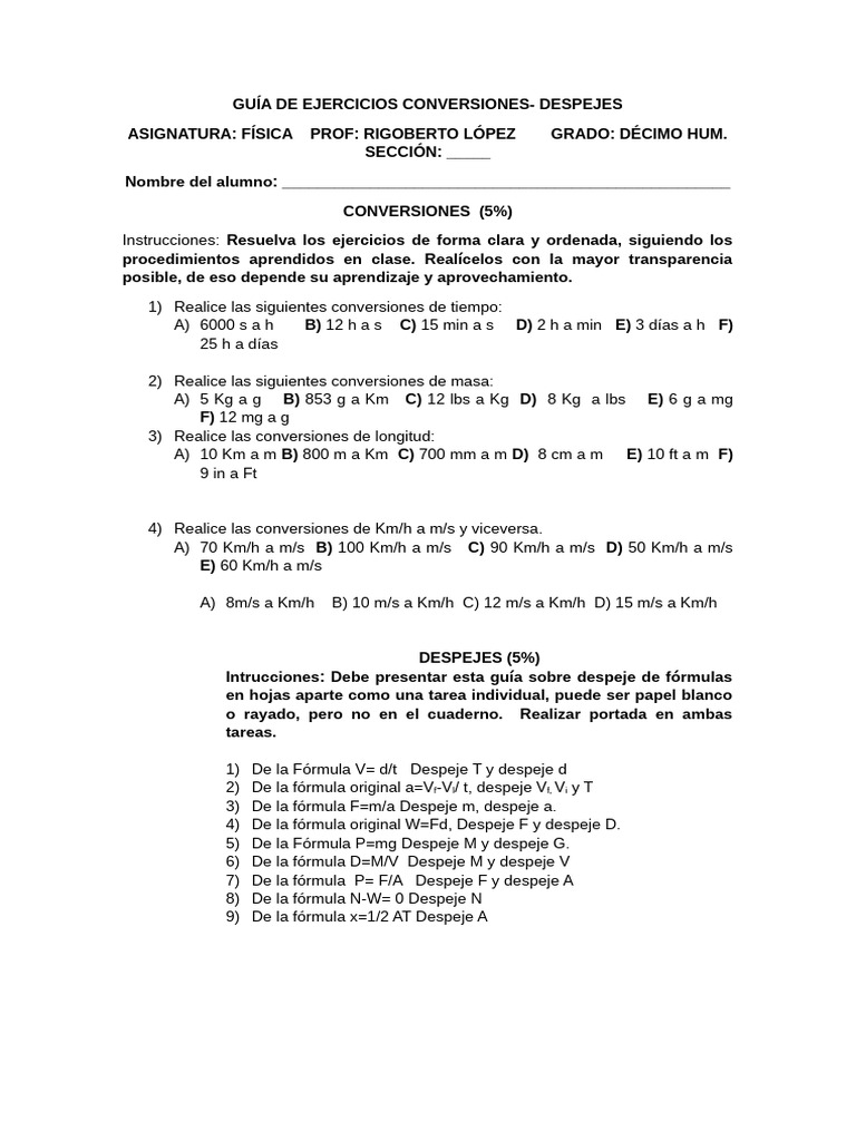 Guía de Ejercicios Conversiones-Despejes Recuperación | PDF