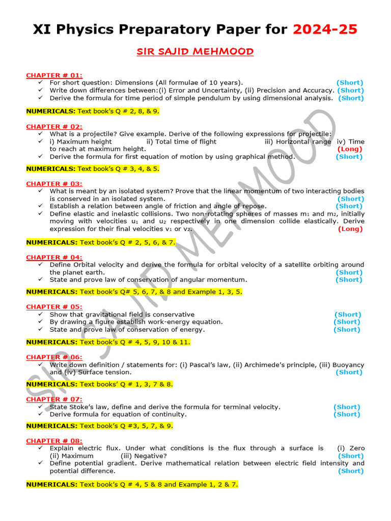 11 Preparatory Paper 2024-25 | PDF | Momentum | Diffraction