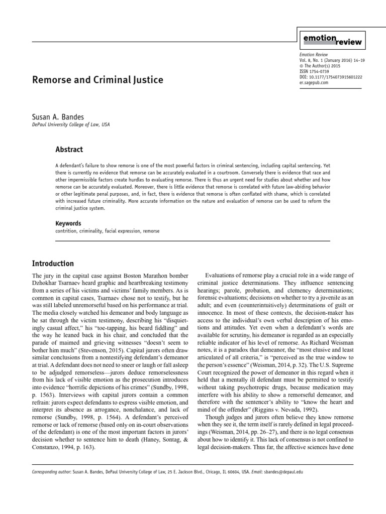 Remorse and Criminal Justice. 2016 | PDF | Guilt (Emotion) | Shame