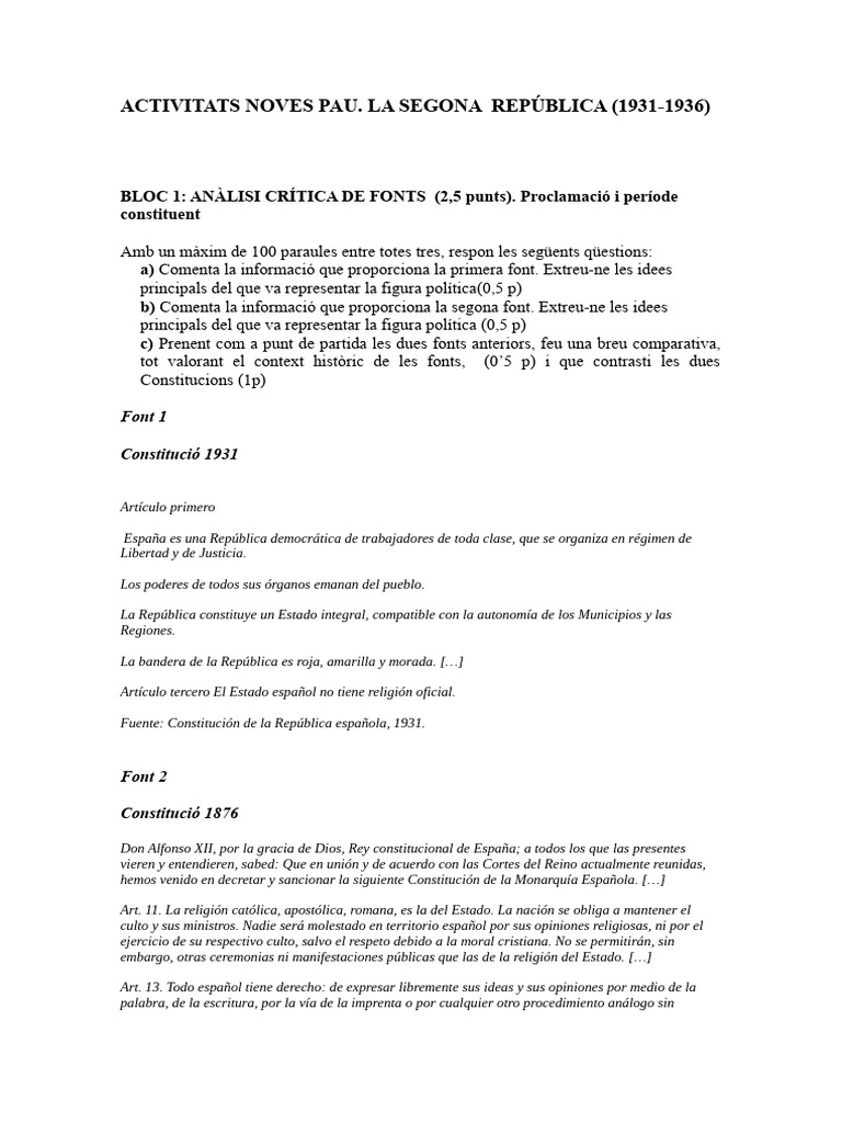 NOVES Activitats 3. La Segona República (1931-36) | PDF