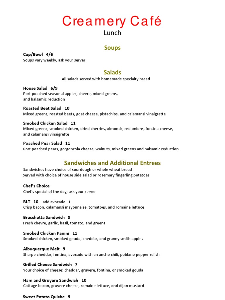 Creamery Café Lunch Menu Highlights | PDF | Cooking, Food & Wine