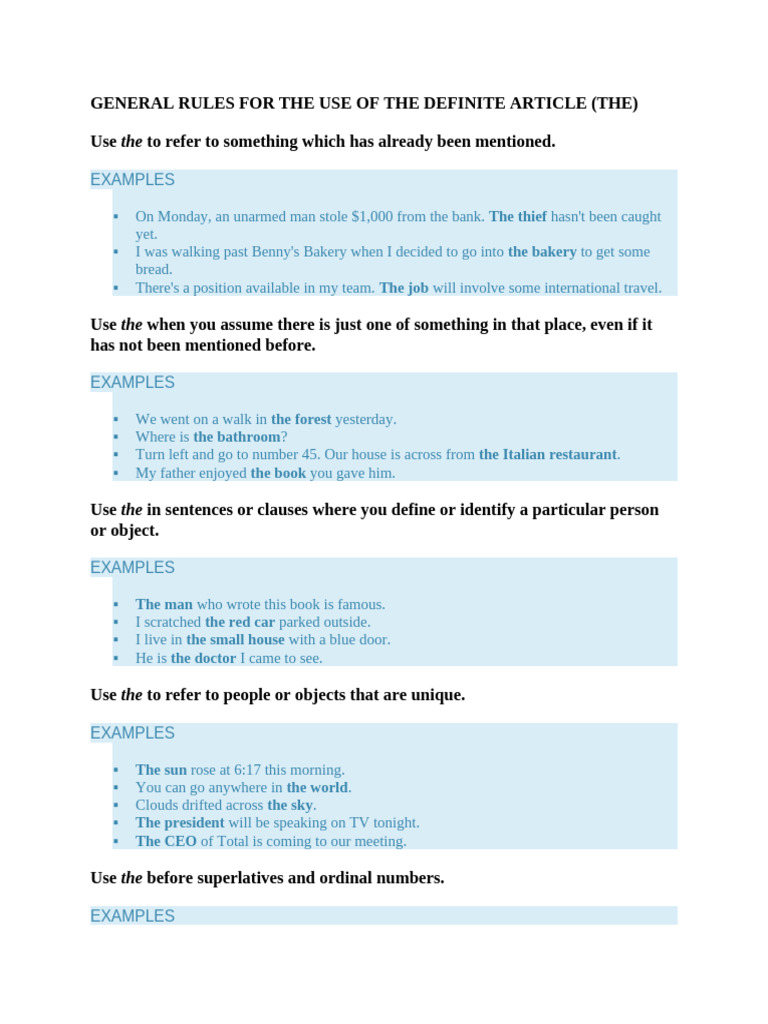 General Rules For The Use of The Definite Article | PDF | Meal ...