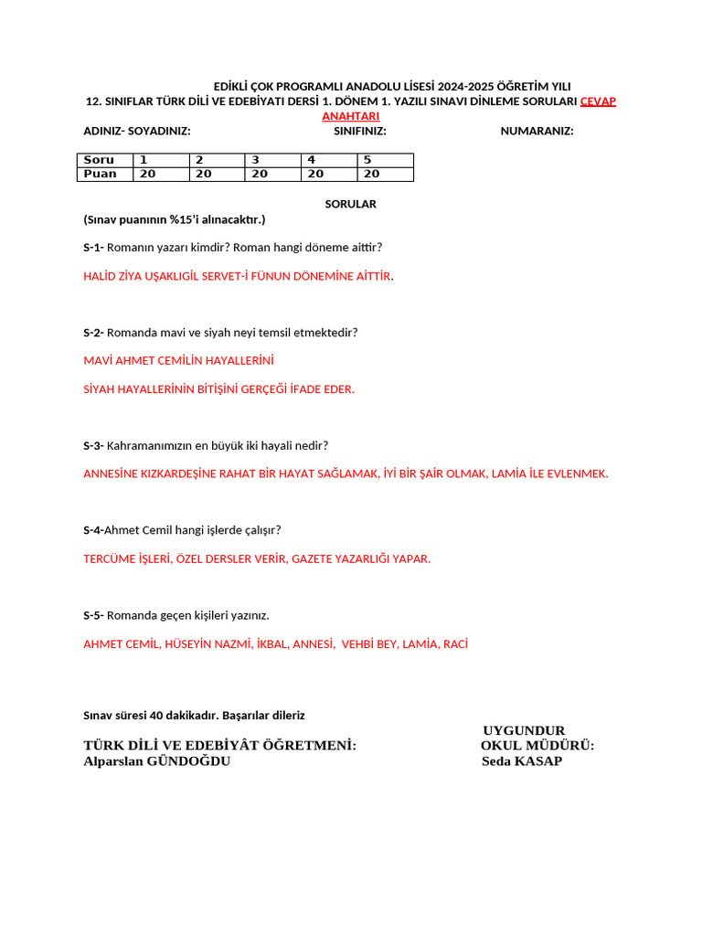 MAİ VE SİYAH (Halit Ziya Uşaklıgil) DİNLEME SINAVI SORULARI CEVAPLARI. | PDF